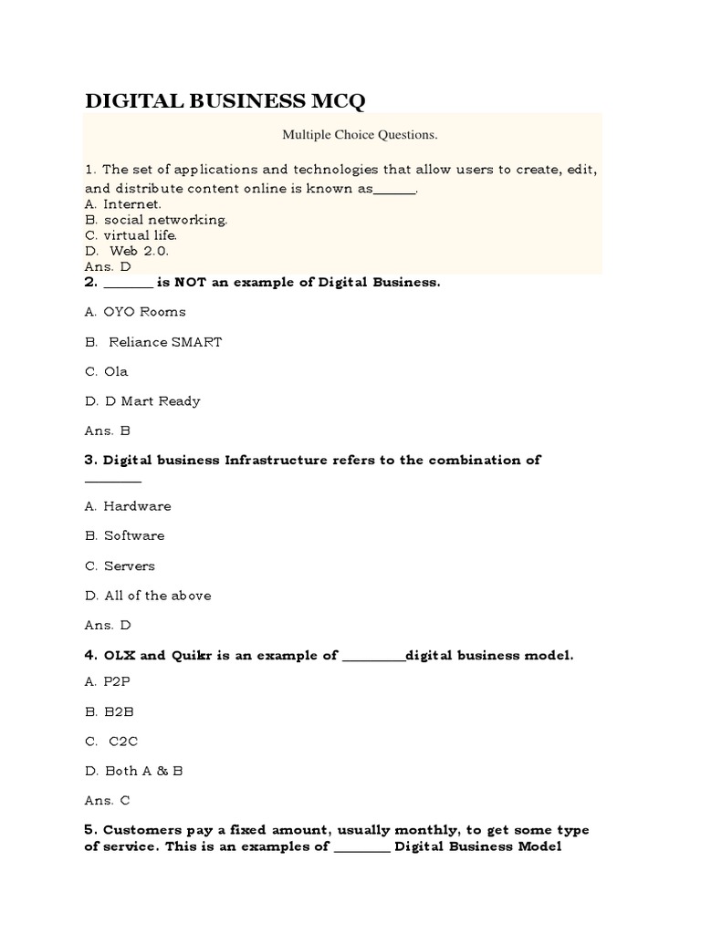 Digital Business MCQ: Multiple Choice Questions | PDF | E Commerce ...
