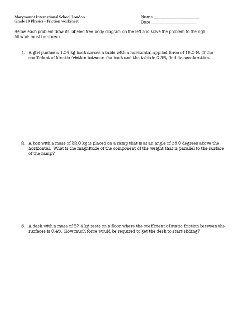 Friction Problems Worksheet (Questions) | PDF