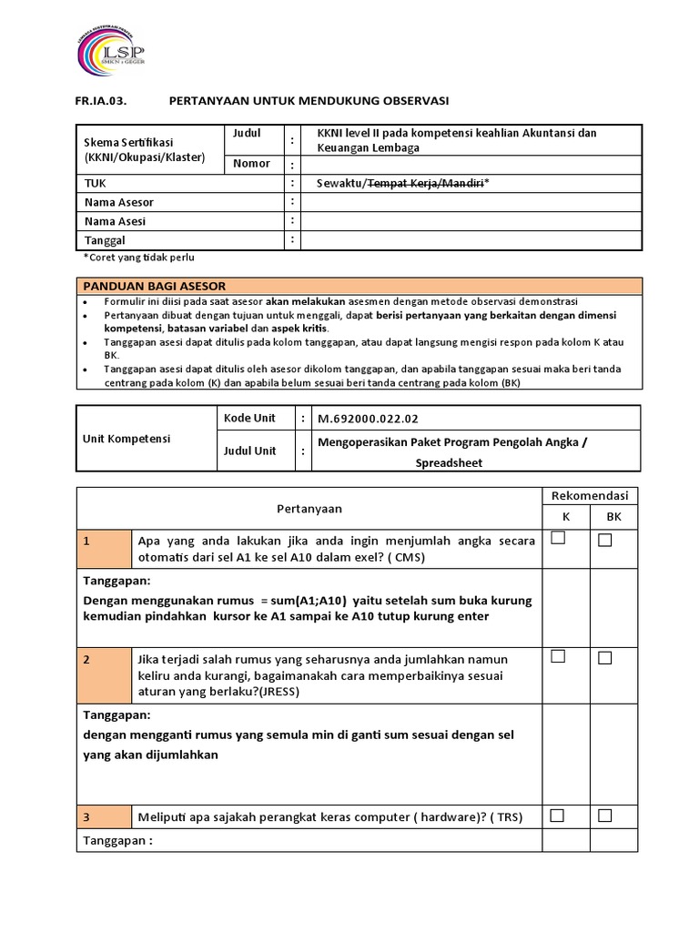 FR - Ia.03 Kunci Jawaban Mendukung Observasi | PDF