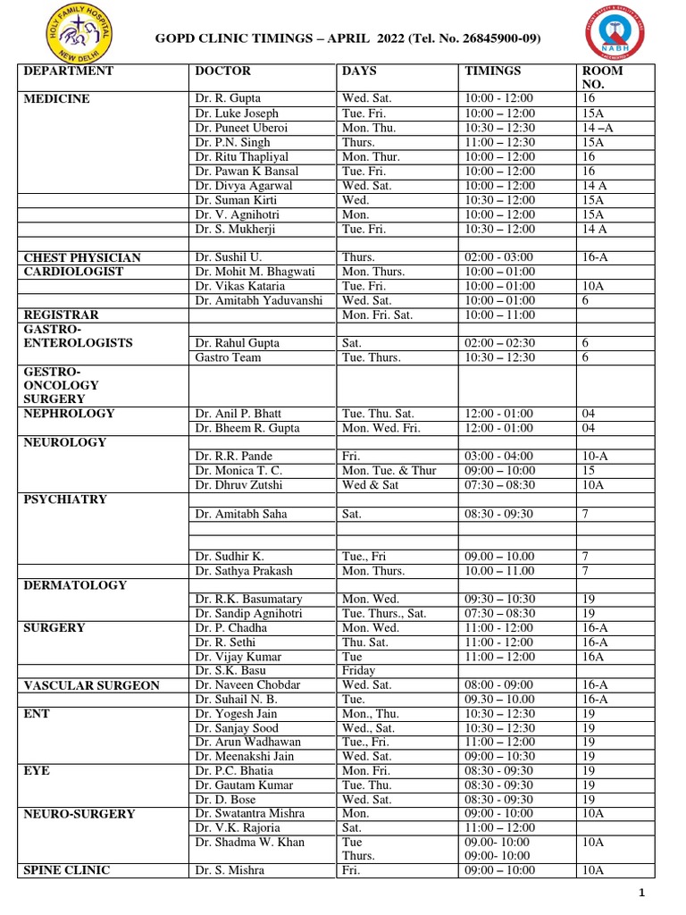 GOPD Schedule | PDF | Medicine | Health Care