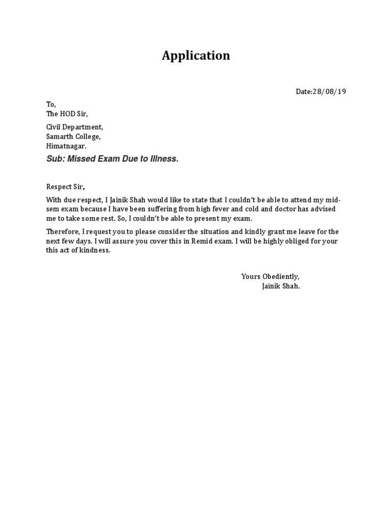 Application: Sub: Missed Exam Due To Illness | PDF