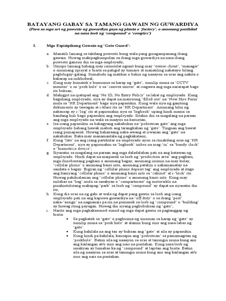 Batayang Gabay Sa Tamang Gawain NG Guwardiya - Gate Guard For Scribd | PDF