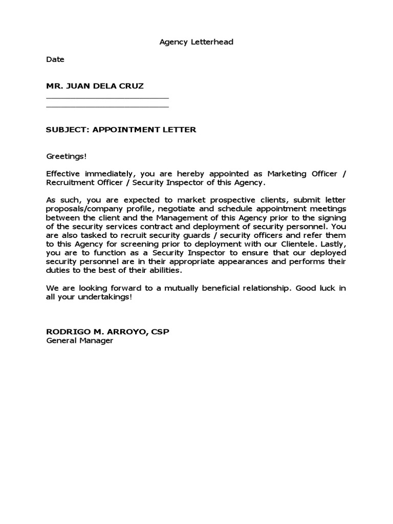 Appointment Letter As Security Inspector FOR SCRIBD | PDF