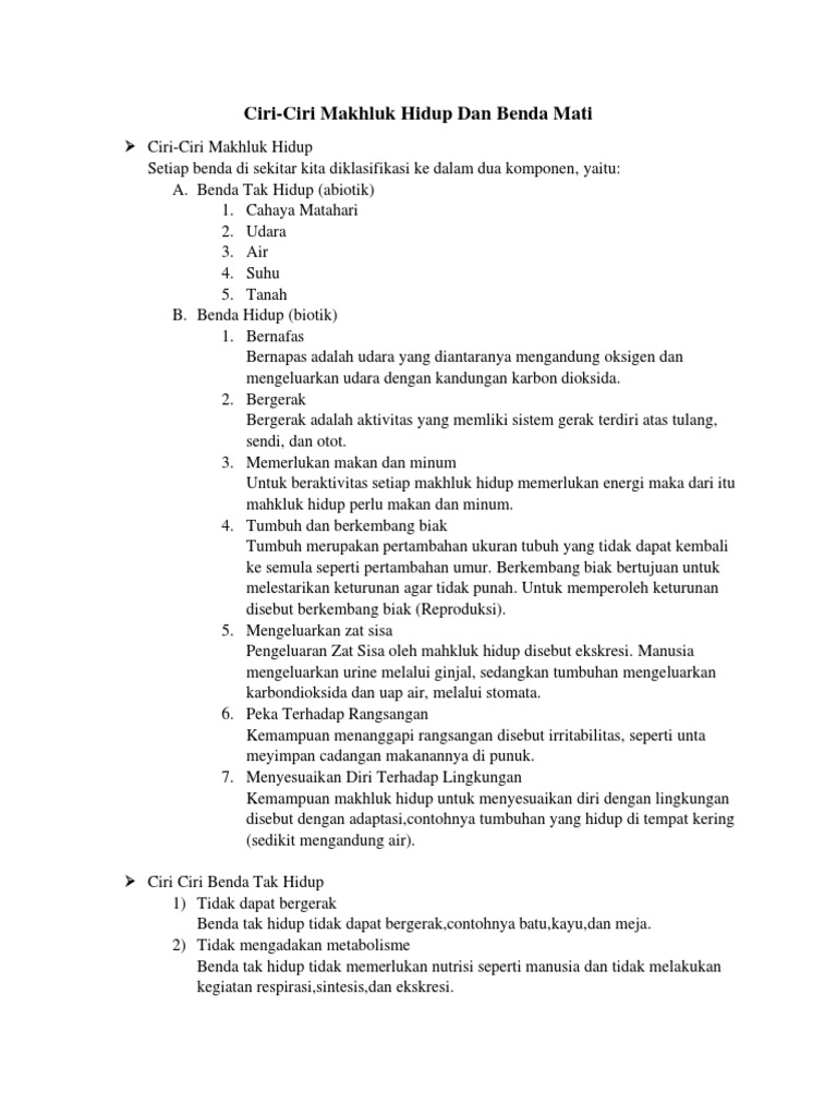 Ciri-Ciri Makhluk Hidup Dan Benda Mati | PDF