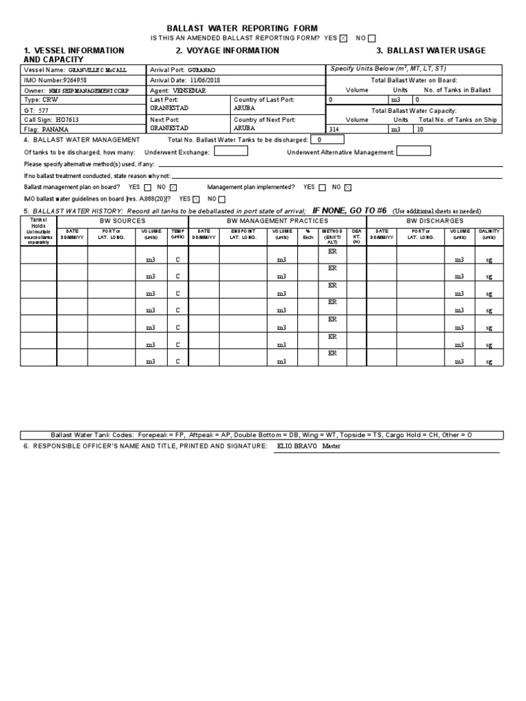Ballast Water Reporting Form | PDF | Transport | Ships