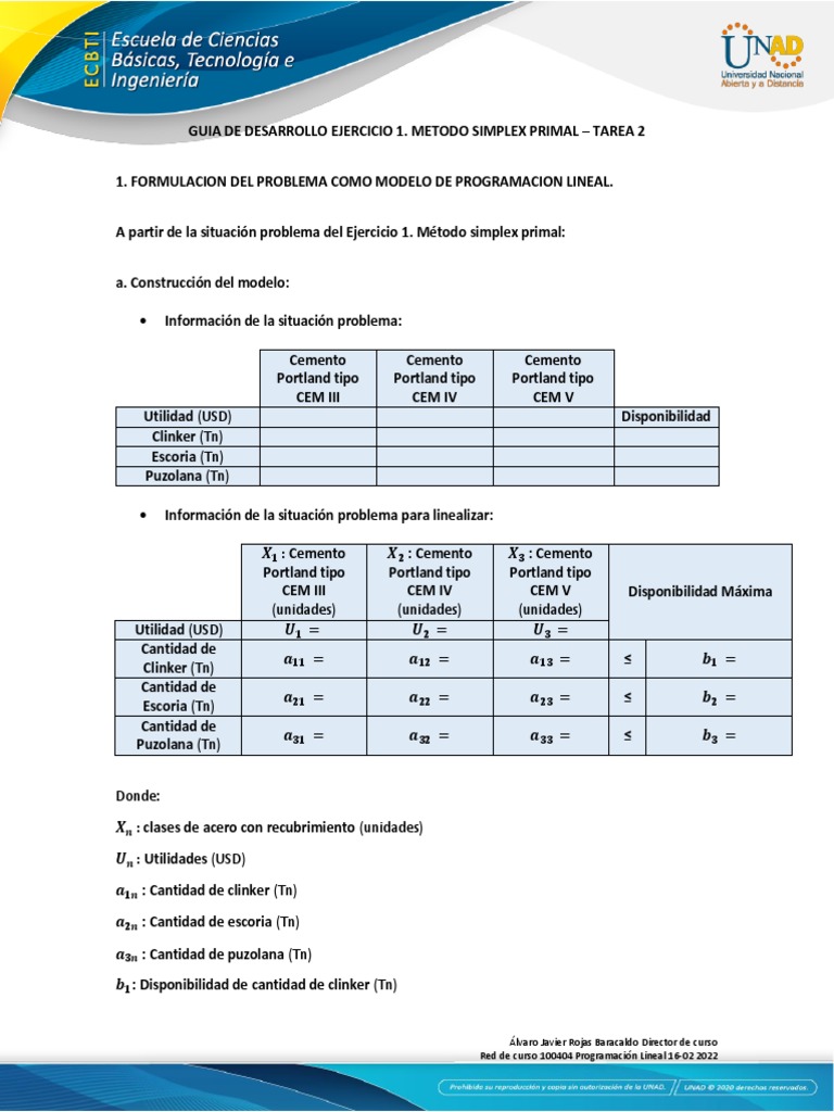 Guia de Desarrollo Ejercicio 1 Metodo Simplex Primal - Tarea 2 (16-02) 2022 | PDF | Programación ...