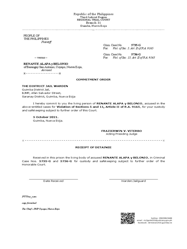 Commitment Order of Renante Alapa y Belonio - 5735, 5736 | PDF ...