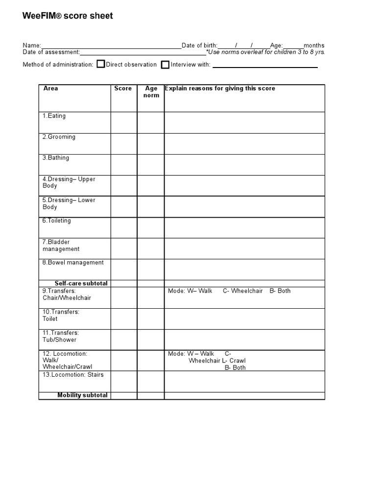 WeeFIM Score Sheet | PDF | Wheelchair | Psychological Concepts