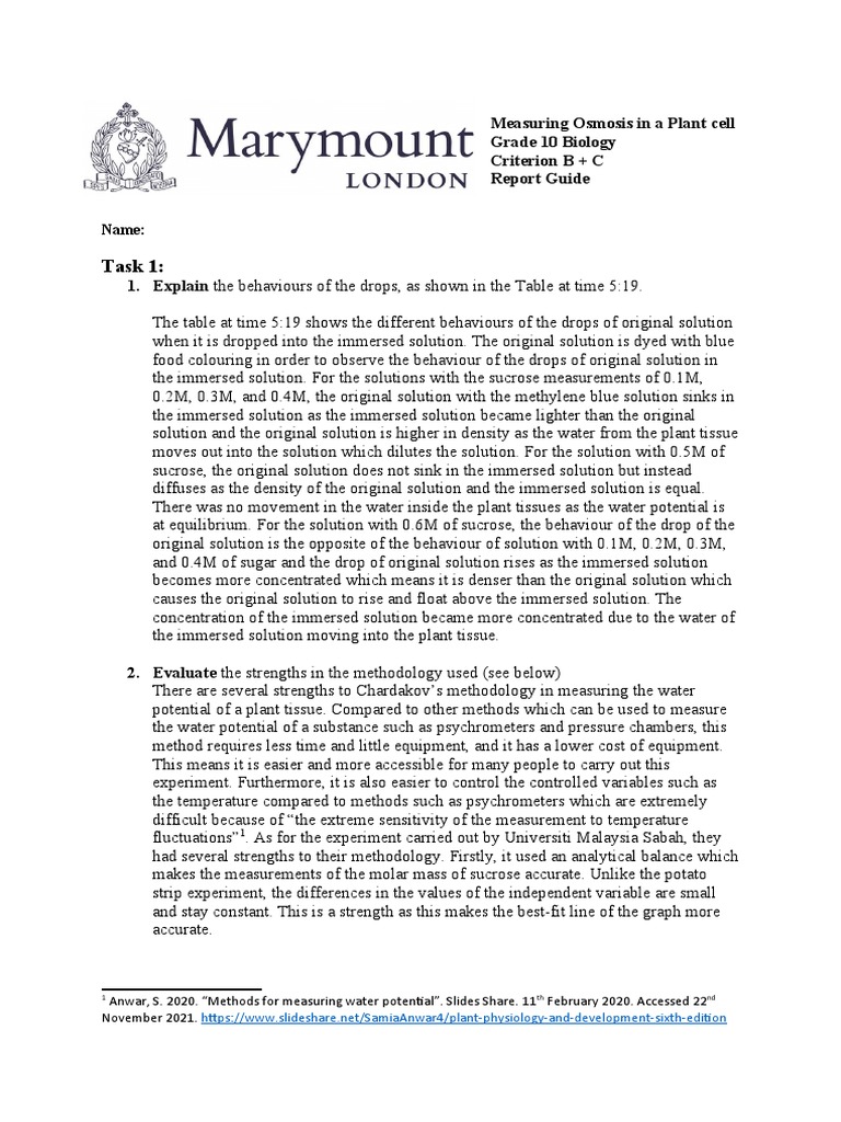 Task 1:: Measuring Osmosis in A Plant Cell Grade 10 Biology Criterion B ...
