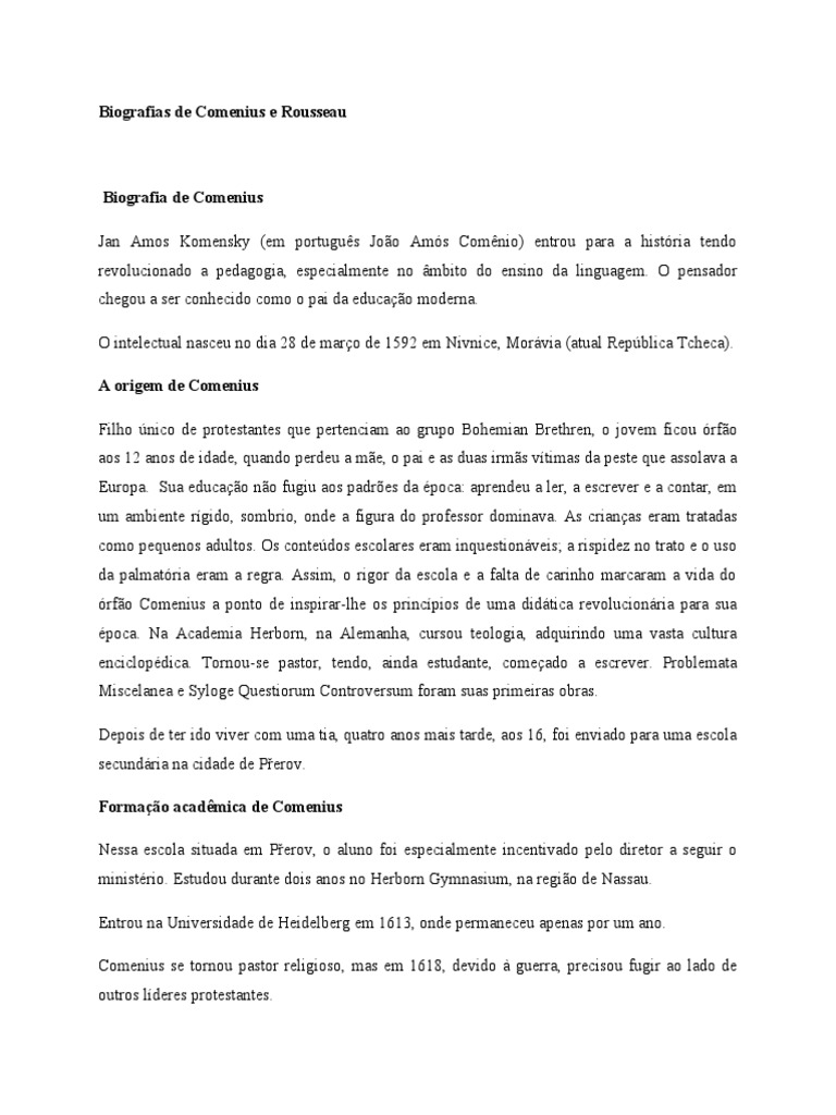 Biografias de Comenius e Rousseau | PDF | Jean-Jacques Rousseau