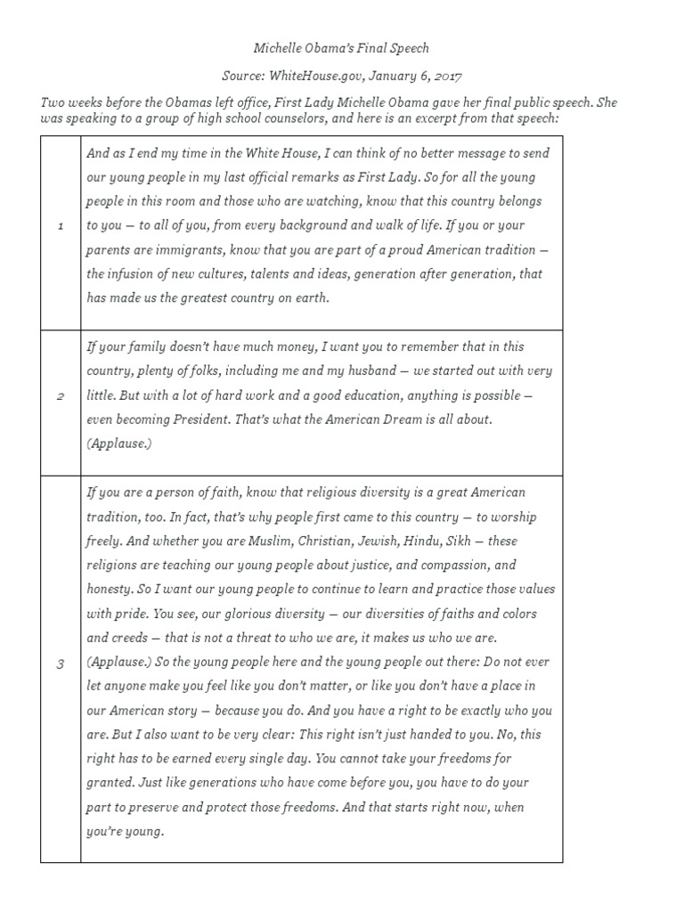 Michelle Obama Speech Student | PDF | Multiculturalism | Michelle Obama