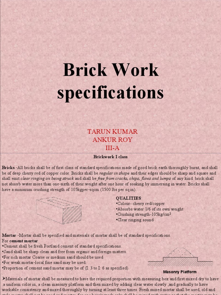 Brick Work Specifications: Tarun Kumar Ankur Roy Iii-A | PDF | Mortar ...
