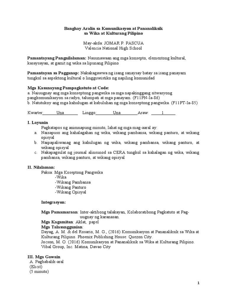 Fil. Lesson Plan Ist Sem. | PDF