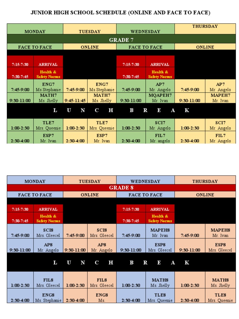 Junior High School Weekly Schedule | PDF