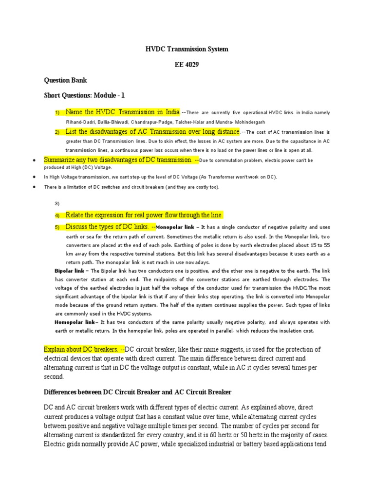 HVDC Transmission System EE 4029 Question Bank Short Questions: Module - 1 | PDF | High Voltage ...