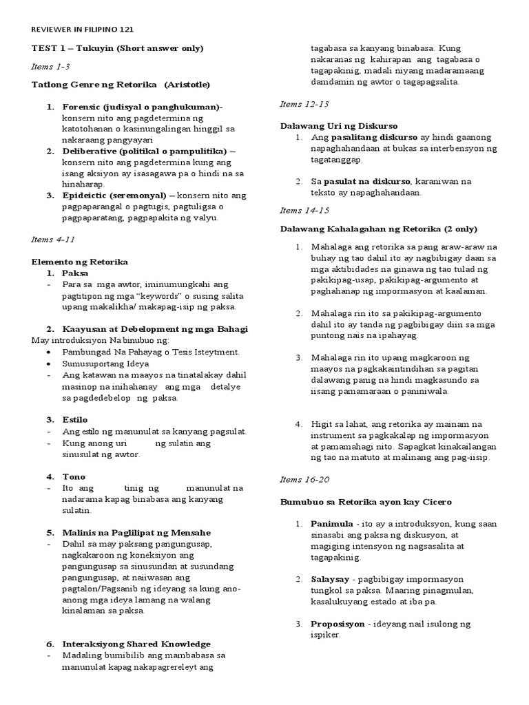 5 Filipino Reviewer | PDF