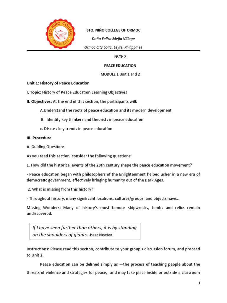 Unit 1: History of Peace Education: If I Have Seen Further Than Others ...