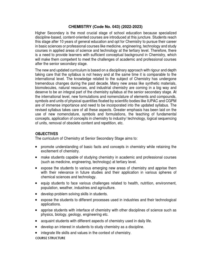 CHEMISTRY (Code No. 043) (2022-2023) : Objectives | Download Free PDF ...