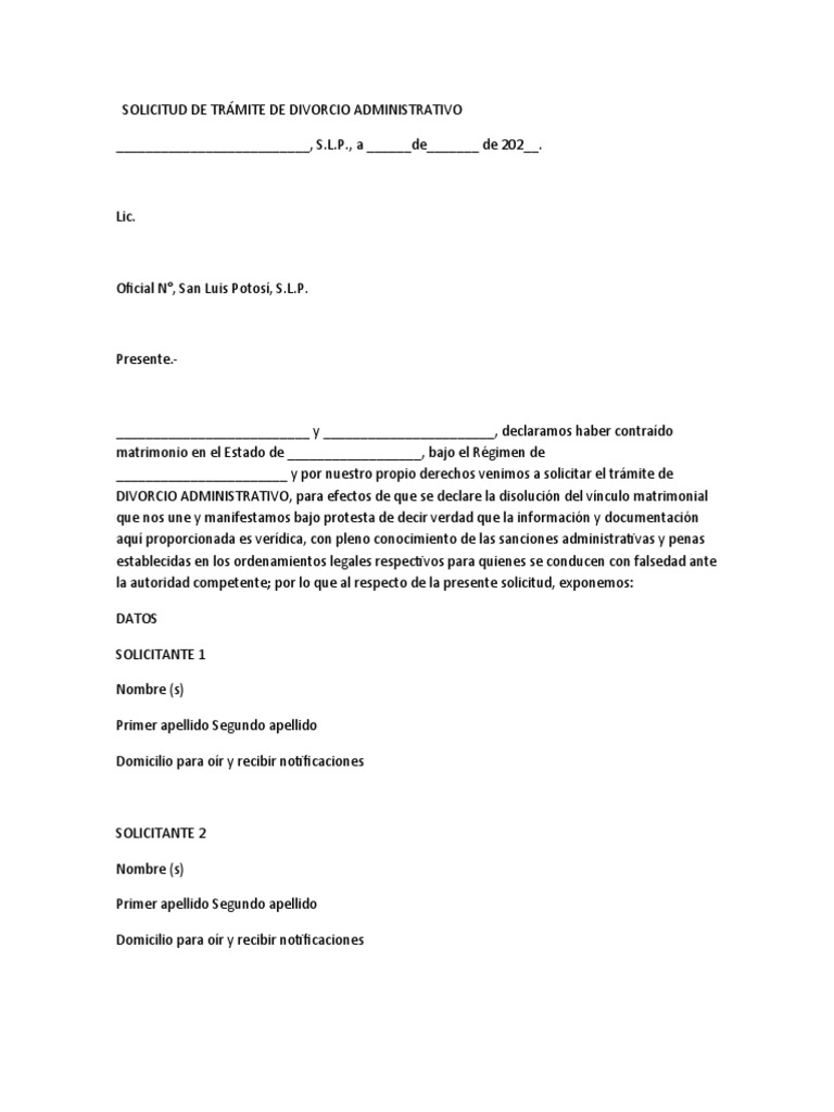 Solicitud De Trámite De Divorcio Administrativo Pdf Divorcio