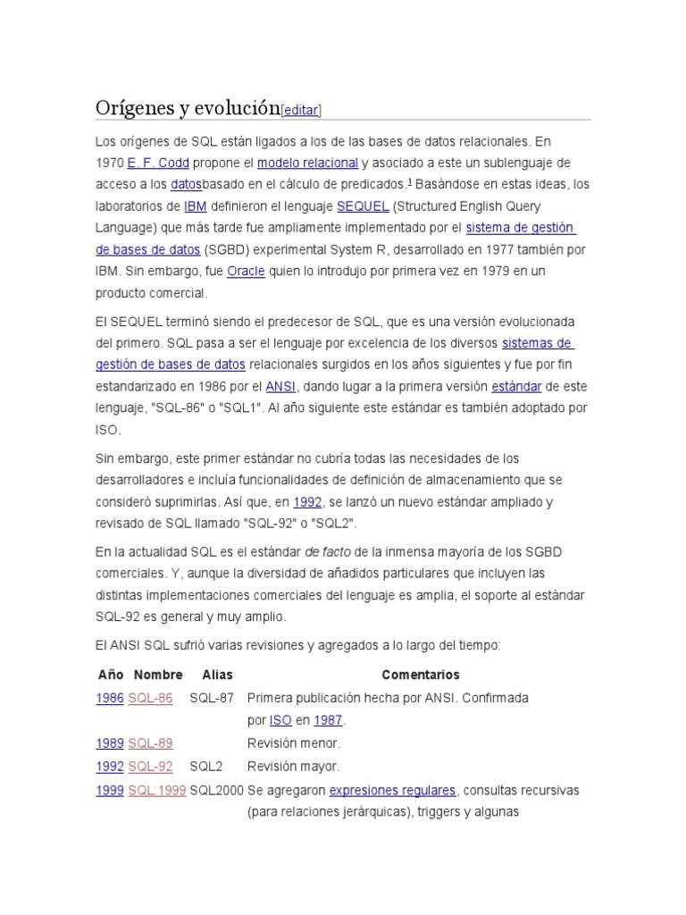 Orígenes y Evolución SQL | PDF | SQL | Programación de computadoras