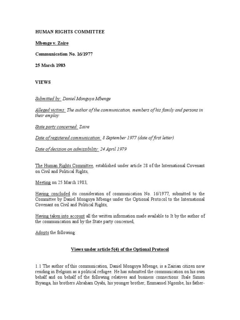 Mbenge v. Zaire: Human Rights Case Summary | PDF | Judgment (Law ...