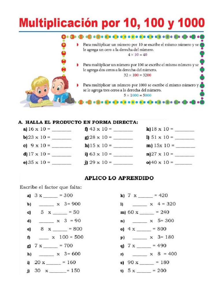 Multiplicaciòn Por 10, 100 y 1000 | PDF