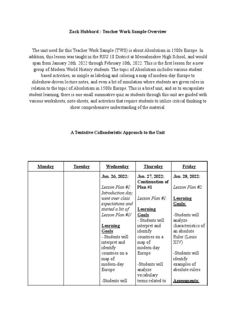 Teacher Work Sample Overview 1 | PDF