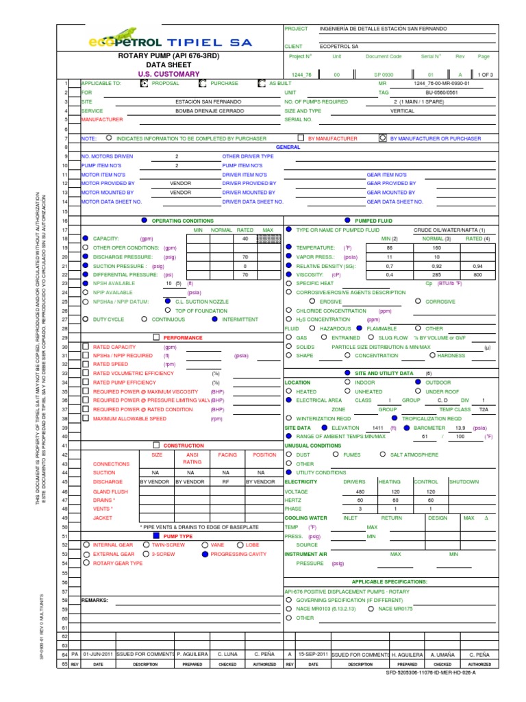 Rotary Pump (Api 676-3Rd) Data Sheet: U.S. Customary | PDF | Pump | Bearing (Mechanical)