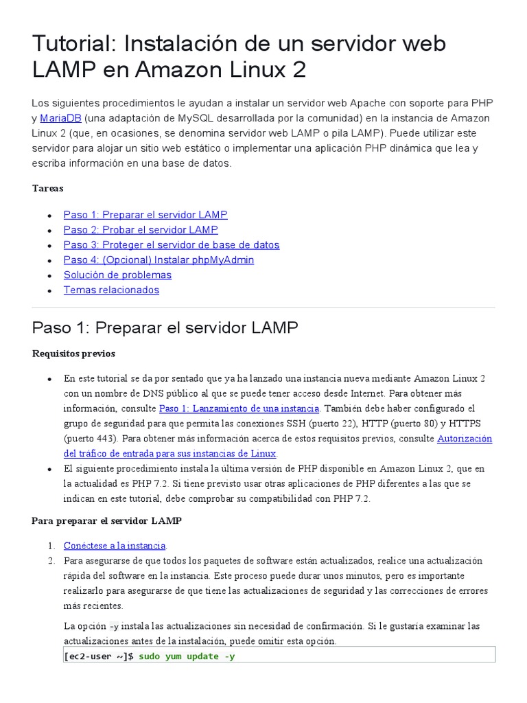 Tutorial Instalación de Un Servidor Web LAMP en Amazon Linux 2 | PDF | Servidor web | Internet y web