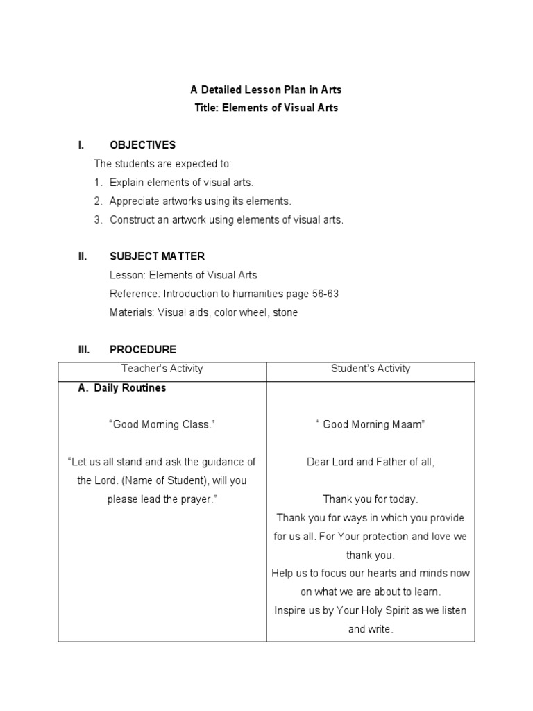 A Detailed Lesson Plan in Arts Title: Elements of Visual Arts I ...