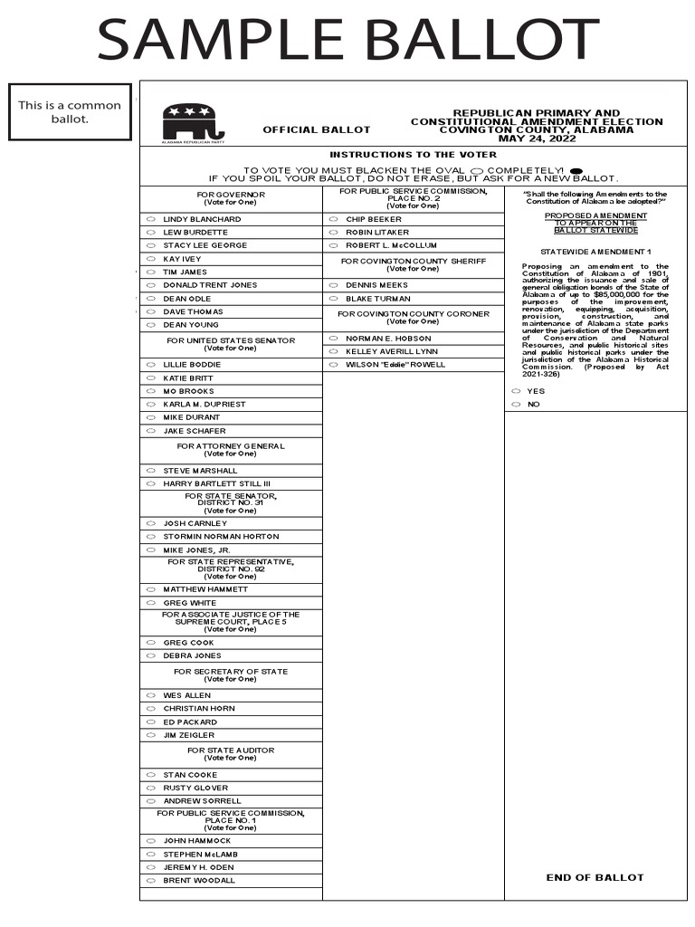 Covington County May 2022 (R) Sample Ballot | PDF | Alabama ...