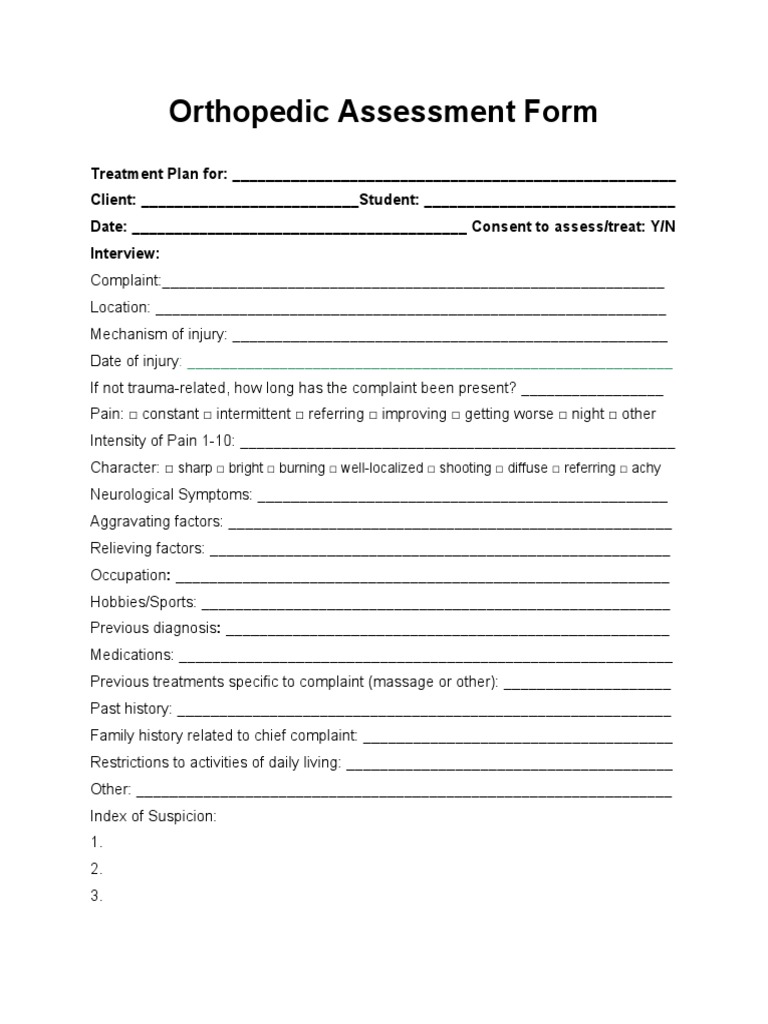 Orthopedic Assessment Form: Sharp Bright Burning Well-Localized ...