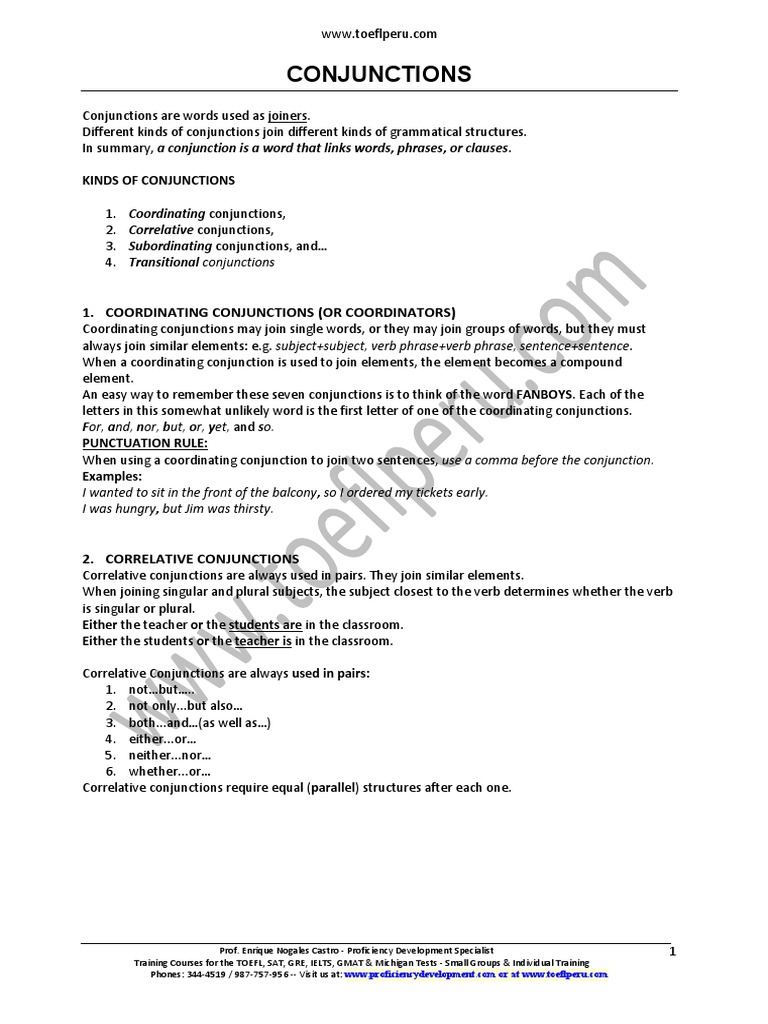 Conjunctions: 1. Coordinating Conjunctions (Or Coordinators) | PDF ...