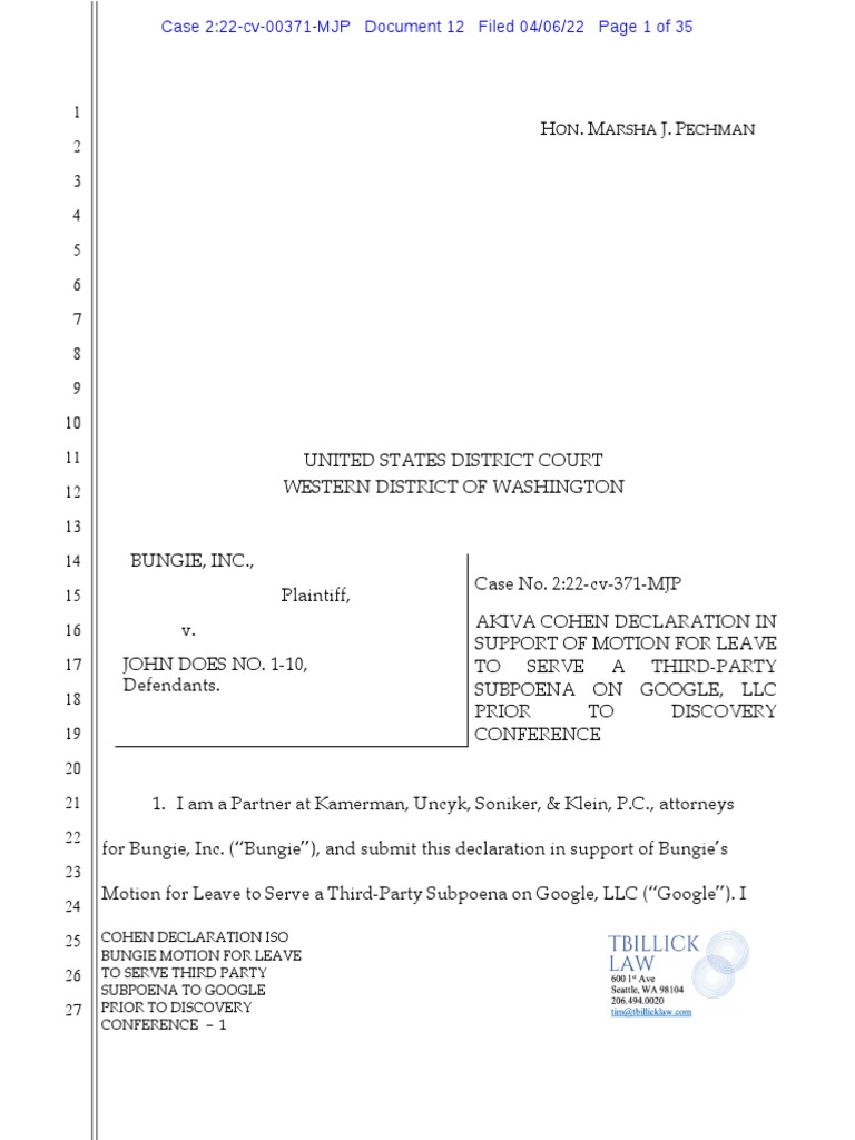 John Does Motion To Rule 45 Subpoena Google | PDF | Discovery (Law ...
