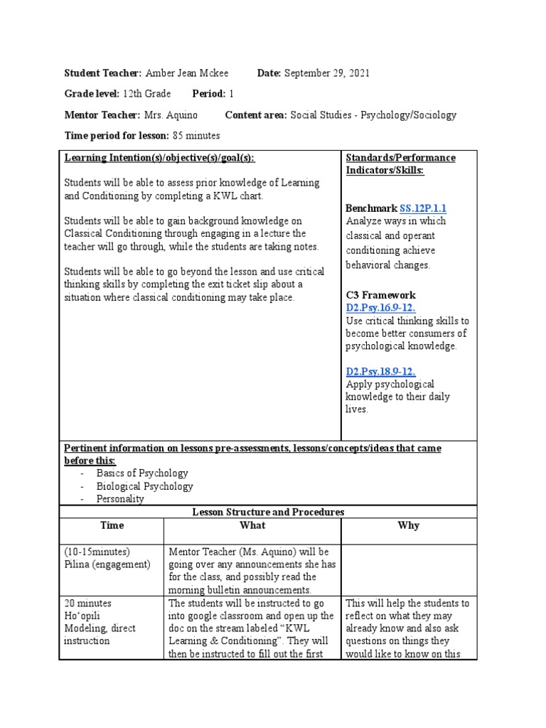 Lesson Plans Learning Conditioning | PDF | Classical Conditioning ...