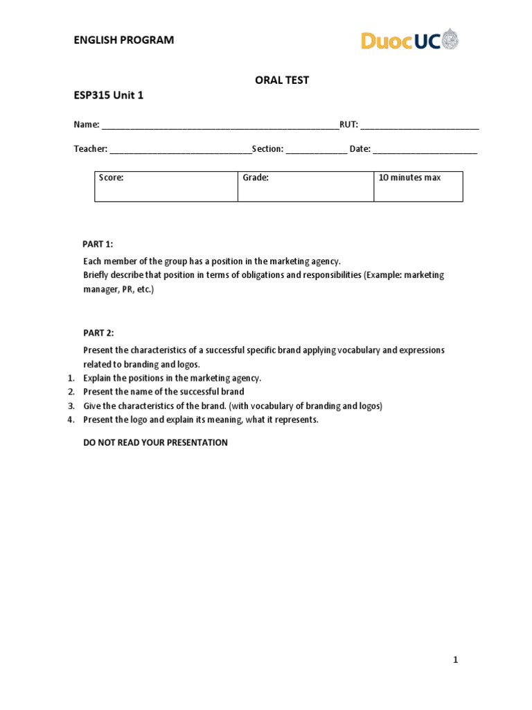 Esp315 Unit 1 Oral Test | PDF