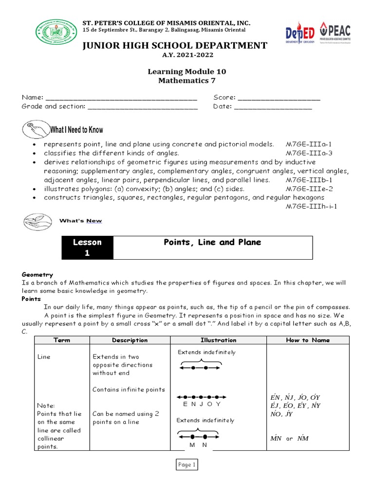 Junior High School Department: Learning Module 10 Mathematics 7 | PDF ...