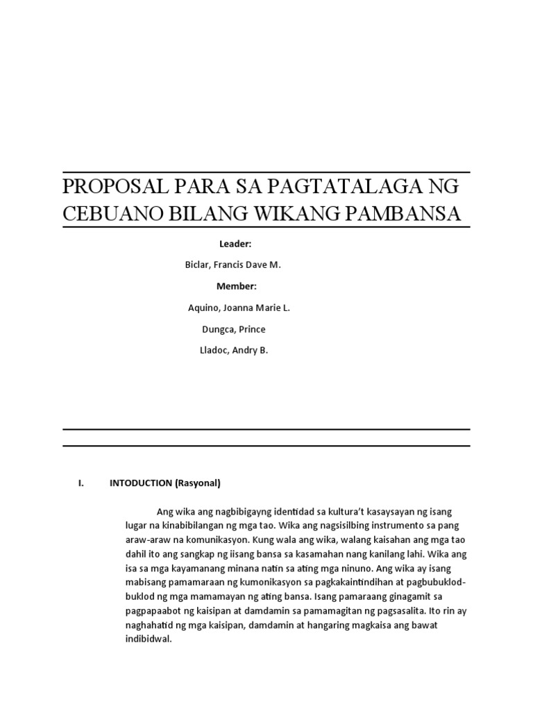 Proposal para Sa Pagtatalaga NG Cebuano Bilang Wikang Pambansa | PDF