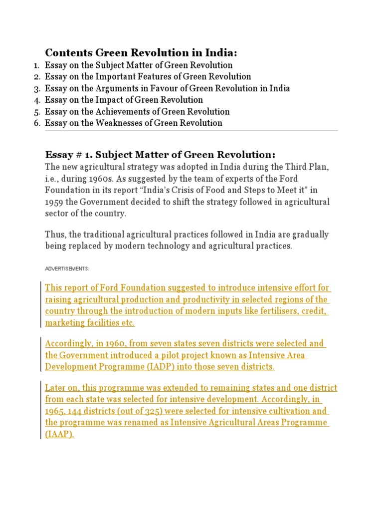 Contents Green Revolution in India | PDF | Green Revolution | Agriculture