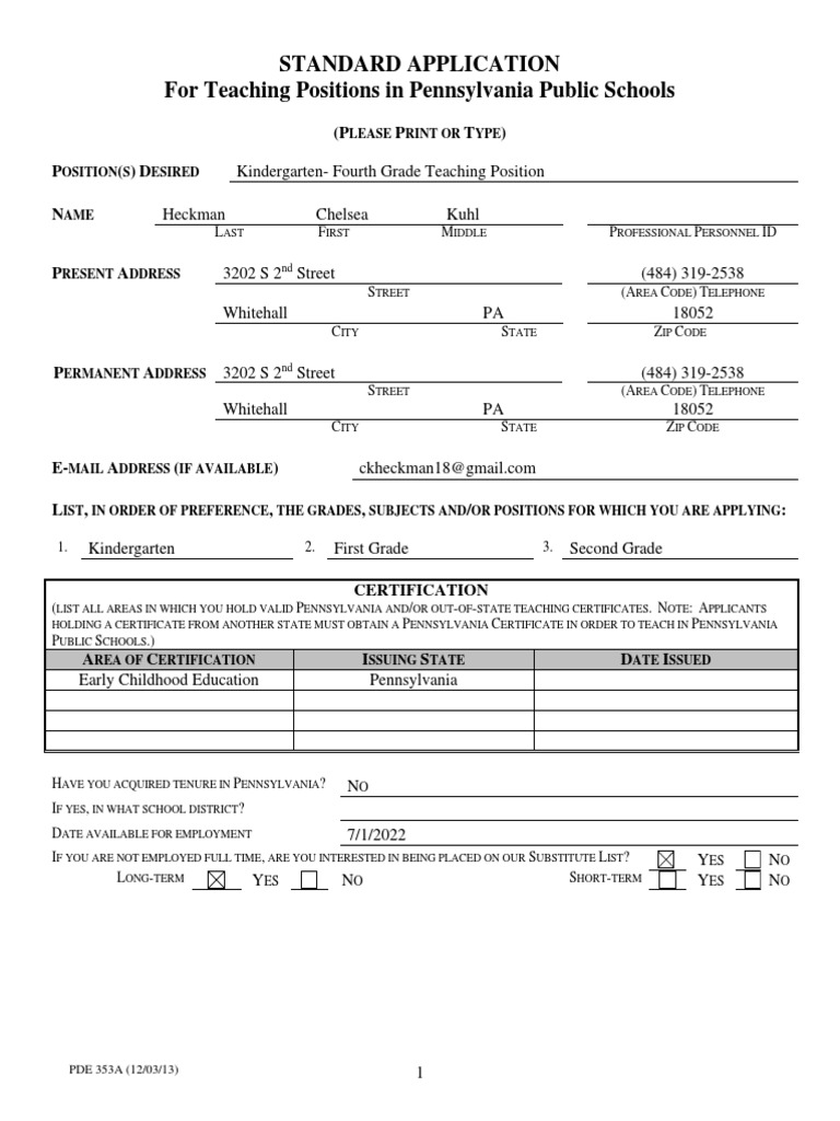 Pennsylvania Teacher Application Form | PDF | Criminal Record | Teachers