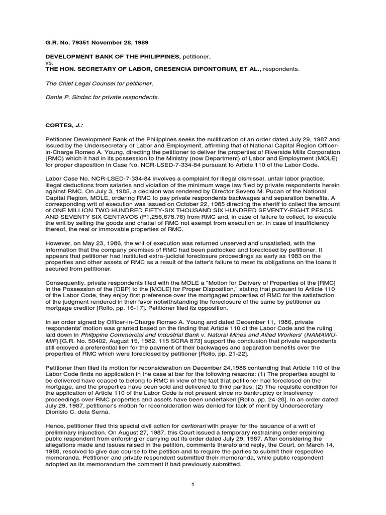 DBP V Sec of Labor | PDF | Bankruptcy | Foreclosure