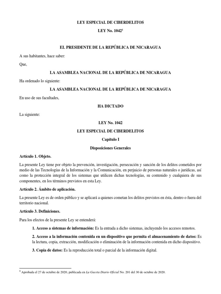 Ley No. 1042, Ley Especial de Ciberdelitos Nicaragua | PDF ...