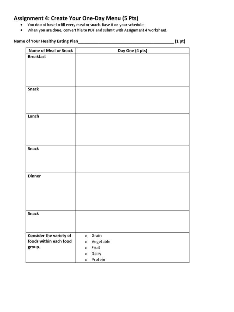 Assignment 4 One Day Menu Template | PDF | Wellness