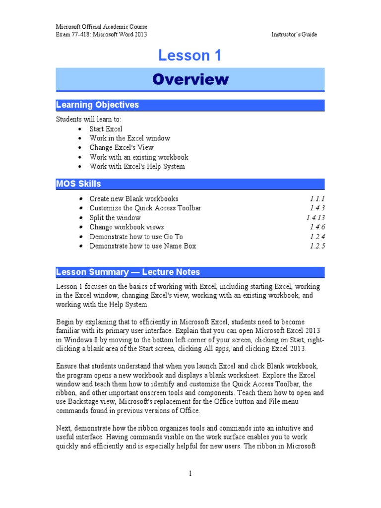 Lesson 1: Learning Objectives | PDF | Microsoft Excel | Worksheet