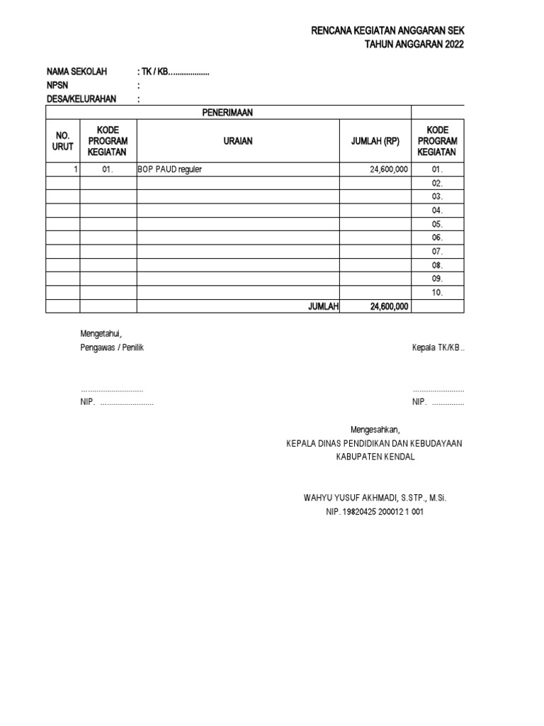 (Revisi) Contoh RPD - Rkas Bop Paud Tahun 2022 | PDF
