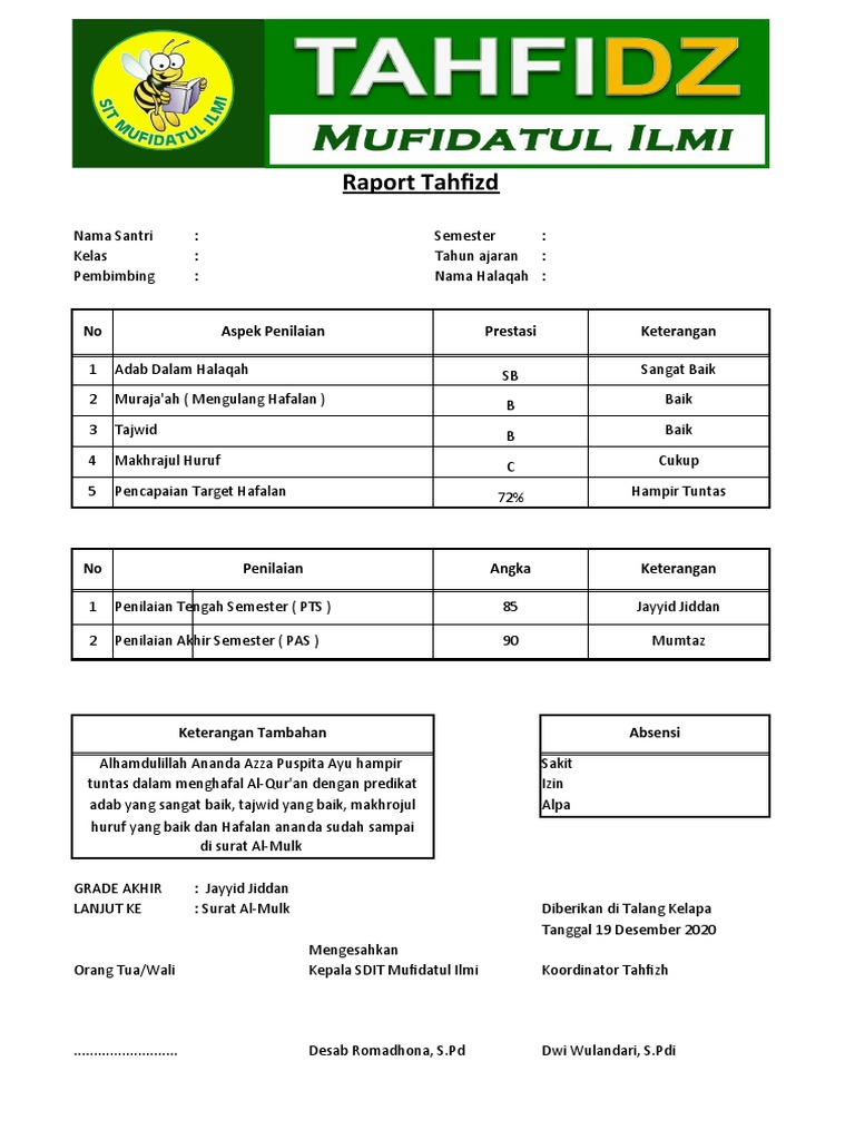 Contoh Raport Tahfidz Santri | PDF