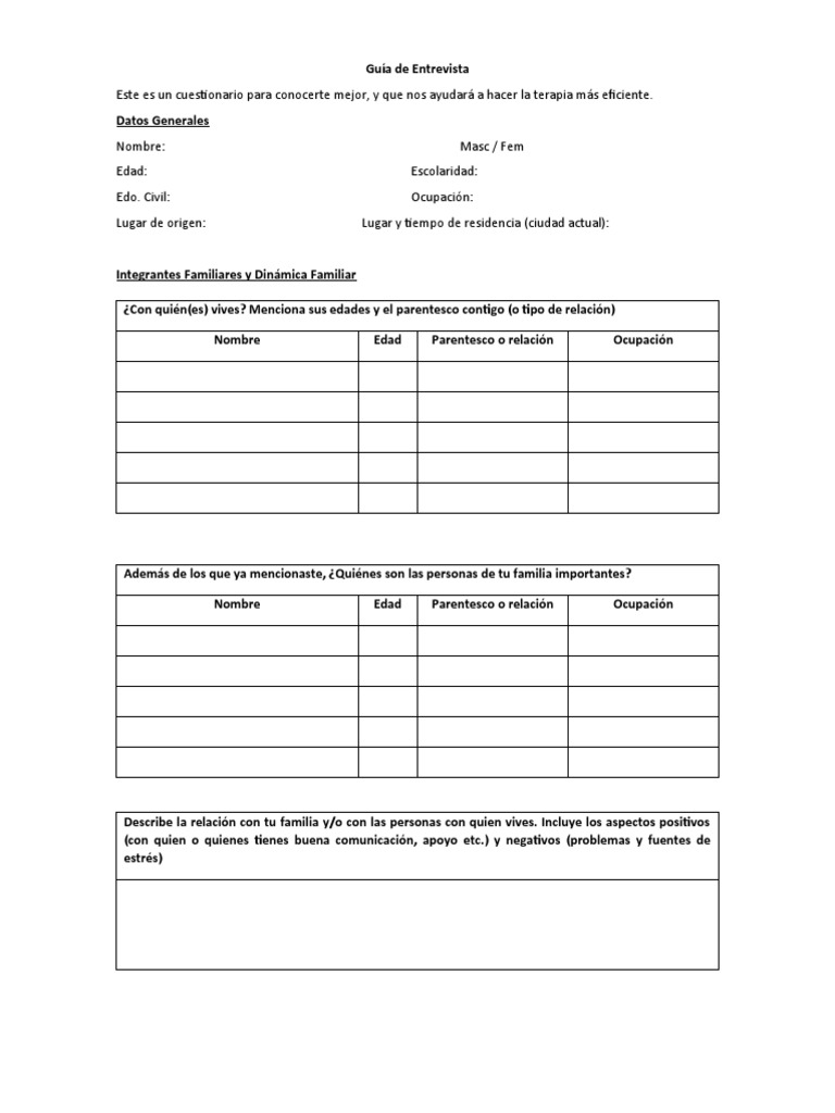 Guía de Entrevista Inicial Formato | PDF | Té | Autoestima