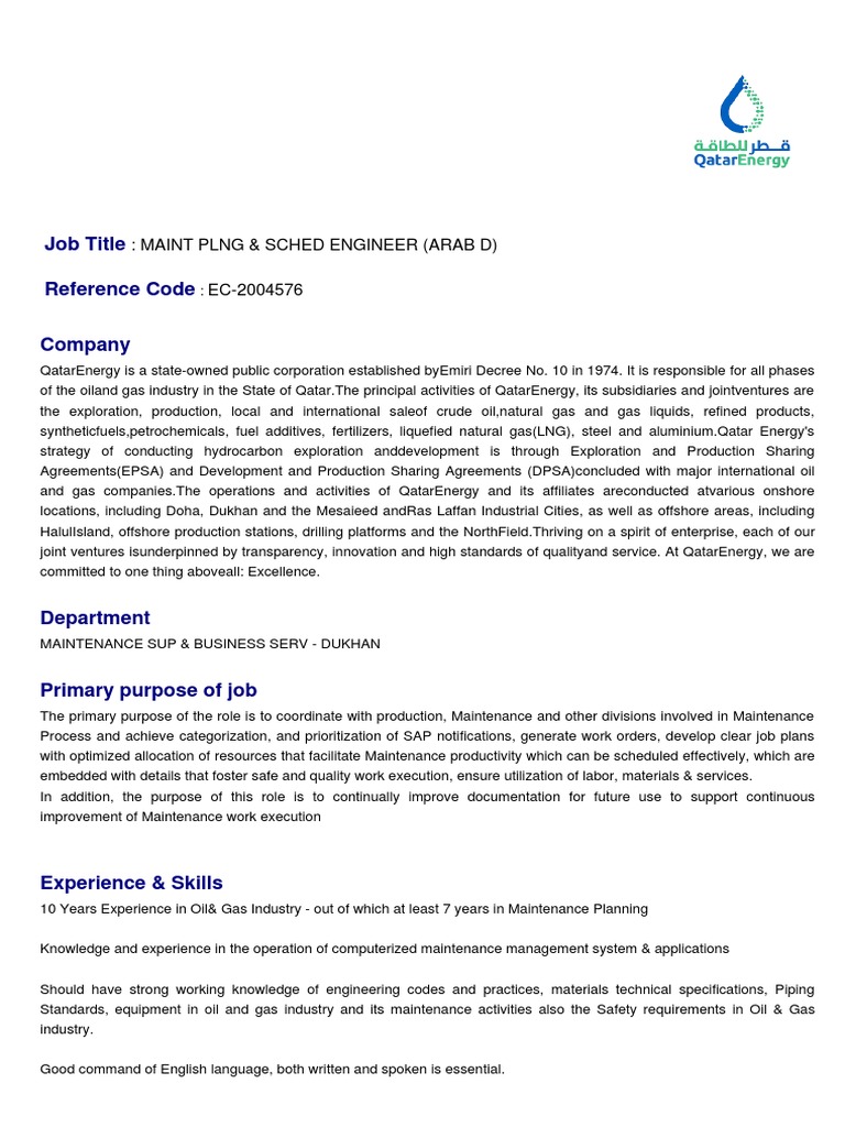 Data Overview - MAINT PLNG & SCHED ENGINEER (ARAB D) | PDF | Petroleum ...