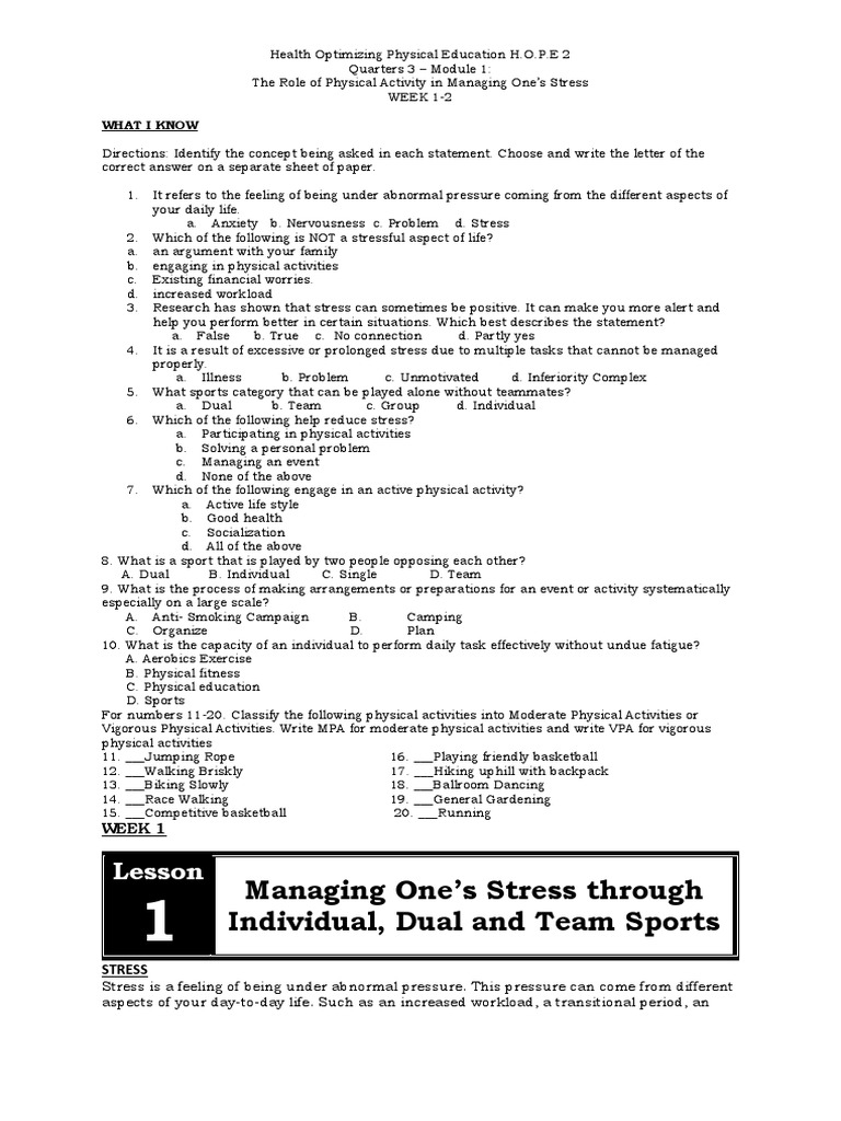 Managing One's Stress Through Individual, Dual and Team Sports | PDF ...