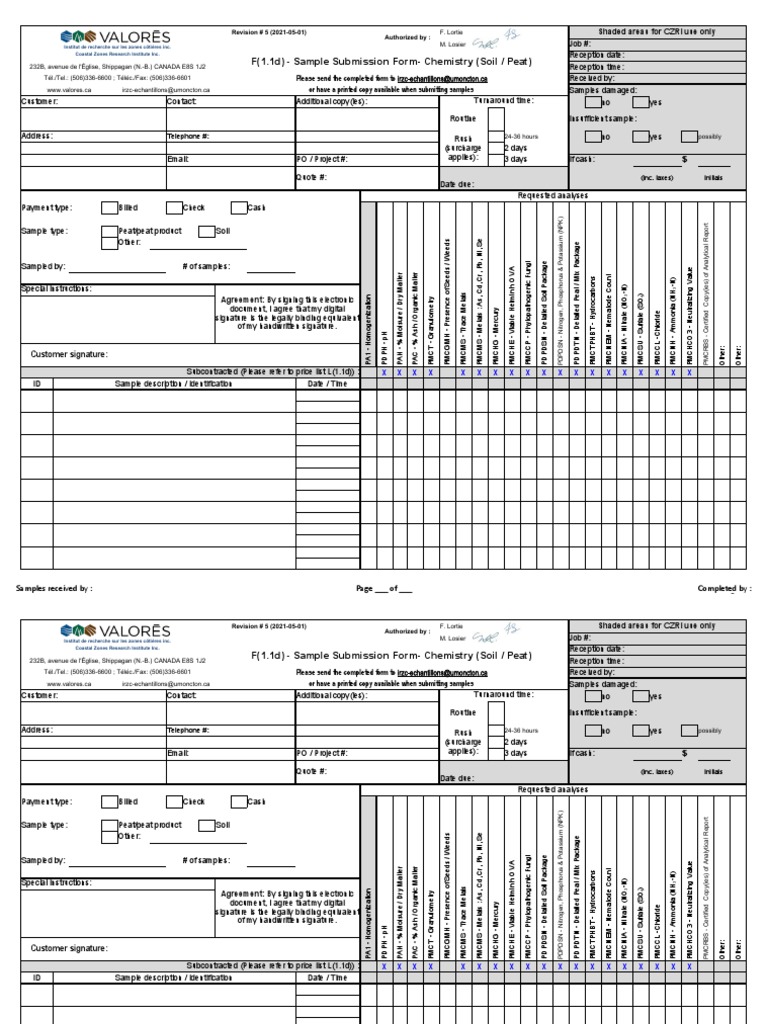 F (1.1d) - Sample Submission Form-Chemistry (Soil / Peat) : Shaded ...